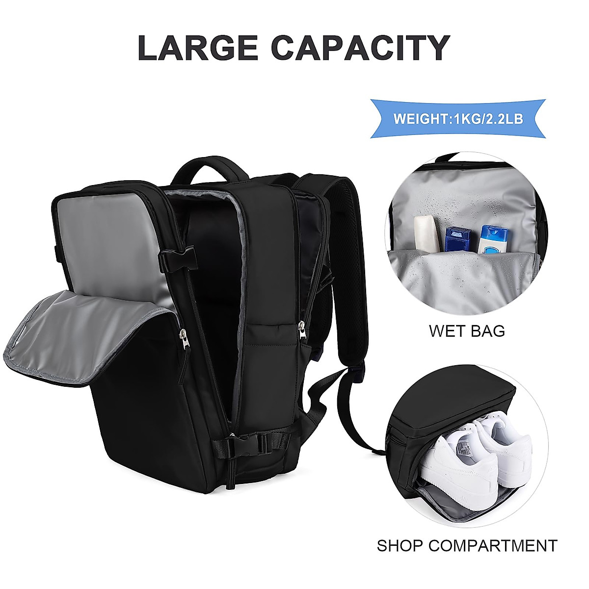 coowoz Travel Backpack For Women Men Airline Approved,Black Carry On Backpack,Large Hiking Waterproof Outdoor Sports Rucksack Casual Daypack Fit 15.6 Inch Laptop Backpack for College