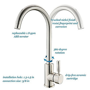 Comllen Brushed Nickel Single Hole Bar Sink Faucet, Modern Stainless Steel Single Handle Bar Faucet Brushed Nickel, 360 Degree Swivel Hot and Cold Outdoor Kitchen Sink Faucet