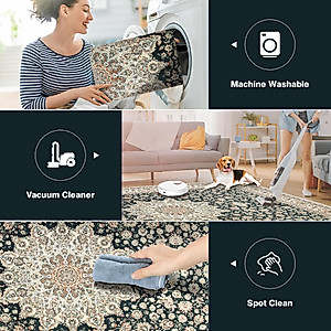 Washable Rug Living Room Rugs: 8x10 Area rugs Large Machine Washable Non Slip Carpet Soft Floral luxury Thin Carpets for Dining Room Farmhouse Bedroom Nursery Home Office Dark Blue Beige