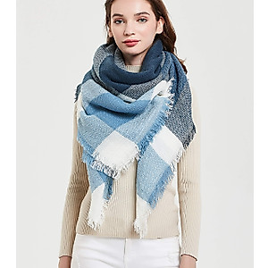 Wander Agio Womens Warm Blanket Scarf Square Winter Shawls Infinity Scarves Stripe Plaid Blue Navy Cyan 2