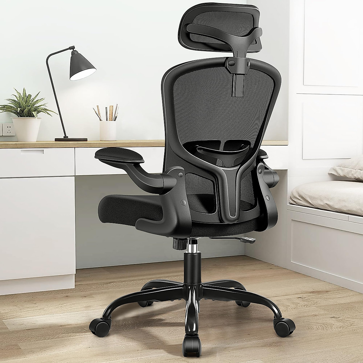 FelixKing Office Chair Ergonomic Desk Chair with Headrest, High Back Computer Chair with Adjustable Lumbar Support and Wheels,Executive Swivel Comfy Chair with flip-up Armrests for Home Office