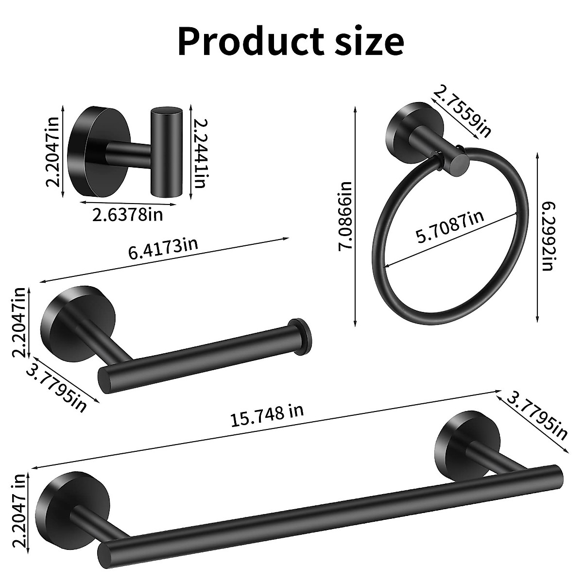Bathroom Hardware Set, Bathroom Accessories Set Including 16'' Tower Bar, Towel Ring and 2 PCS Towel Hooks (5 Pieces, Black)
