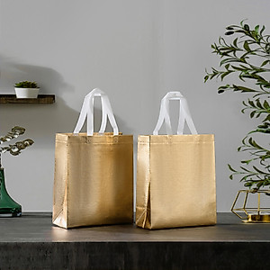 Offizon 6 Pack Medium Golden Grocery Bags, 8x4x10 Inches Reusable Gift Bags with Gold Tissue Paper, Water-proof Shopping Bags, Foldable Bags for Celebrations and Weddings (20x10x25cm)