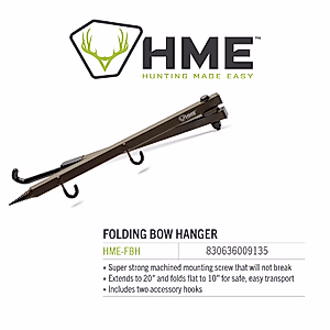 HME Durable Secure Convenient Portable Folding Tree Stand Bow Hanger w/Two Accessory Hooks - Extends to 20", Folds to 10", Olive