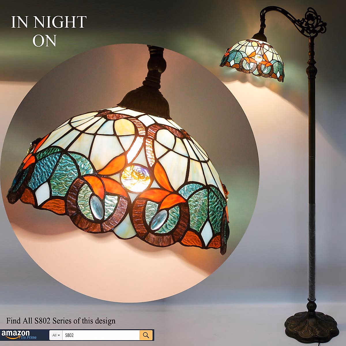 WERFACTORY Tiffany Floor Lamp Blue Floral Flower Stained Glass Arched Lamp 12X18X64 Inches Gooseneck Adjustable Corner Standing Reading Light Decor Bedroom Living Room S802 Series