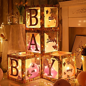 Spring Butterfly Baby Shower Boxes Decorations for Girl, Pink Baby Balloon Boxes with Letters and Light for Baby Shower Gender Reveal Party Supplies, Baby Blocks for 1st Birthday Party Decorations