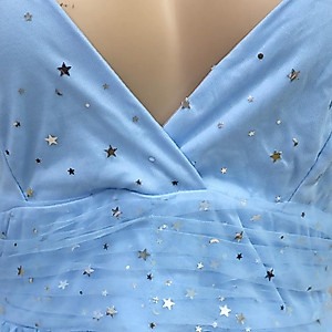 A Line Dresses for Women Wedding Guest Tulle Prom Dress V Neck A Line High Low Evening Party Gown Ruffles Maxi Dress Blue