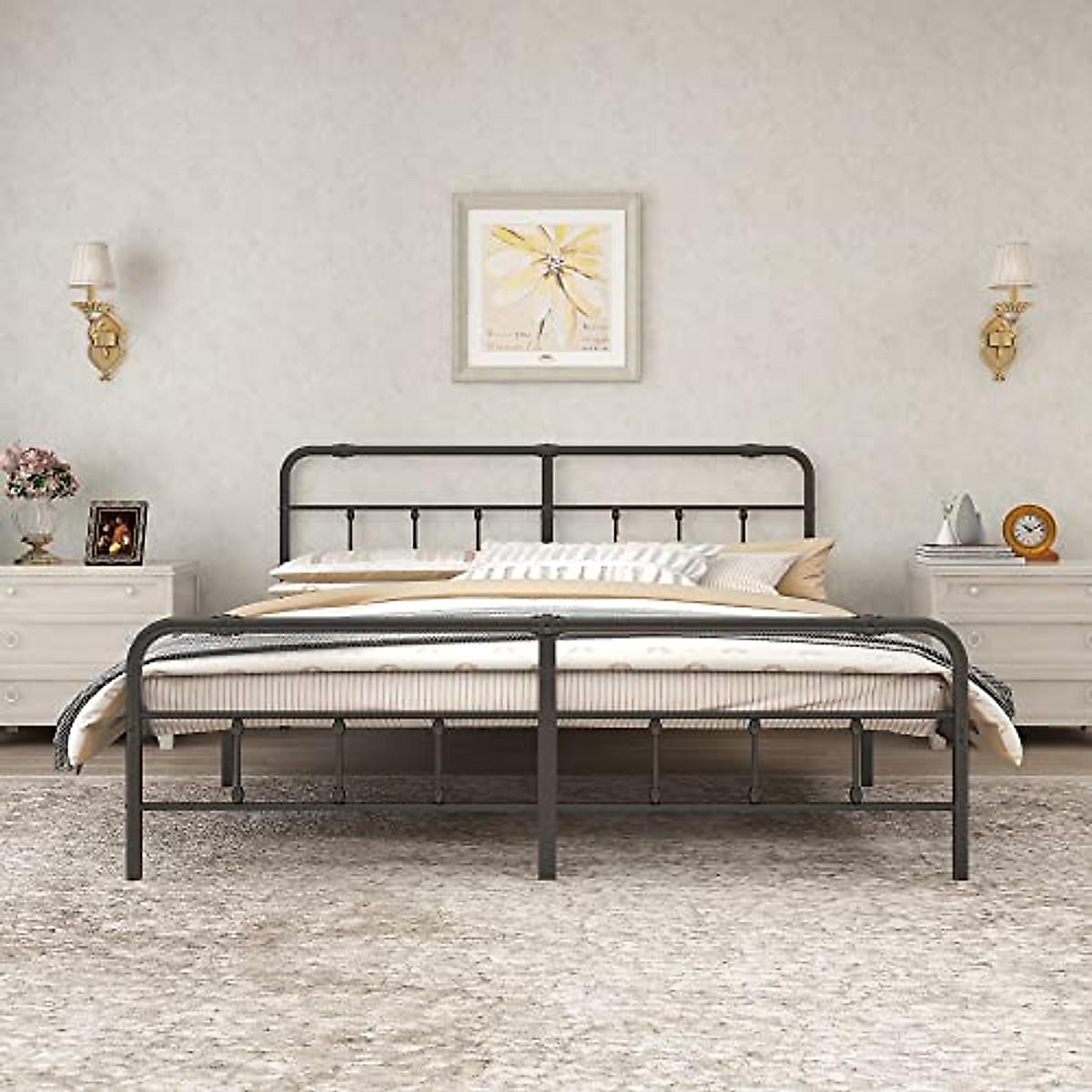 ZIRUWU King Size Metal Platform Bed Frame with Headboard Footboard Extra Strong Support No Box Spring Needed Noise Free Easy Assembly Black