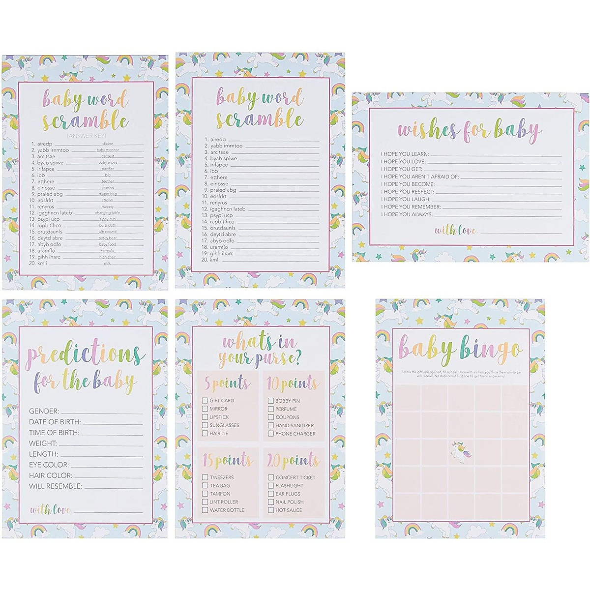 Juvale Baby Shower Game Card Packs - 5-Set Assorted Party Activity Supplies for 50 Guests, Including Bingo, Word Scramble, and Well Wishes, Unicorn and Clouds Design, 50 Sheets, 5 x 7 Inches