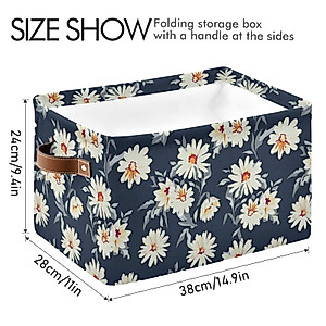 AUUXVA Floral Flower Daisy Leaves Pattern Storage Basket Large Foldable Storage Organizer Cubes Bins with Leather Handles Sturdy Collapsible Boxes for Shelf Cloth Toy Closet-2 Pack