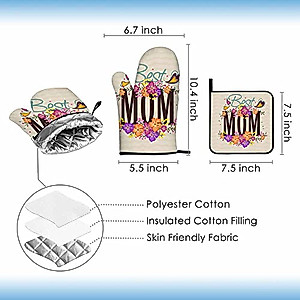 Samgula Best Mom Oven Mitts and Pot Holders Sets Happy Mother's Day Hearts Flowers Heat Resistant 3pcs for Cooking Baking BBQ