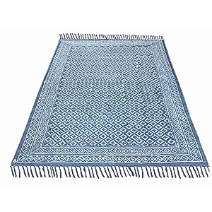 Indigo Blue Rug for Bathroom Handmade Cotton Durries Boho Kilim Rug Flat Weave Indoor Floor Decorative Rugs for Balcony Lounge Floor Bedroom Balcony