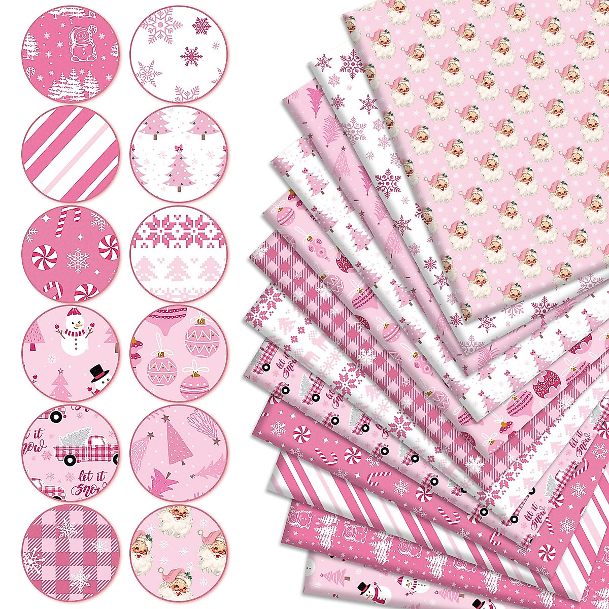 JarThenaAMCS 12Pcs Pink Christmas Cotton Fabric Bundles 18 x 22 Inch Xmas Tree Santa Snowflake Fat Quarters Pink White Sewing Fabrics for Xmas Winter DIY Craft Party Decor