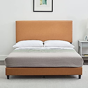 Edenbrook Platform Bed with Headboard – No Box Spring Needed – Faux Leather Upholstered Platform Bed Frame – Low Profile, Queen, Camel