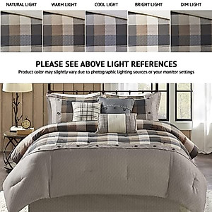 Madison Park Ridge Comforter Set-Cabin Lodge Plaid Herringbone Design All Season Down Alternative Cozy Bedding with Matching Bedskirt, Shams, Decorative Pillow, Queen(90"x90"), Neutral 7 Piece