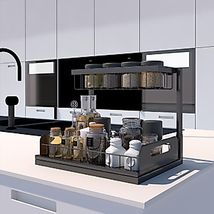 waoory Under Sink Organizer,2 Tier Pull Out L-Shape Cabinet Organizer Sink Shelf Cabinet Storage Shelves Multi-Purpose Sink Organizer for Bathroom Kitchen Drawer,Sturdy Metal,Black