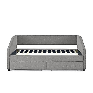 Flieks Twin Size Upholstered Daybed with Two Drawers, Linen Fabric Upholstered Sofa Bed, Wheeled Storage Daybed with Wood Frame, No Box Spring Needed, Gray
