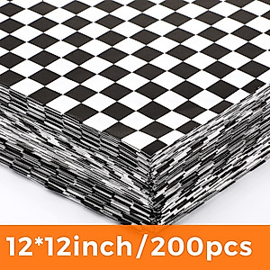 200 Sheets Wax Deli Paper Sheets for Food 12 x 12 inch Checkered Dry Waxed Deli Paper Sheet for Sandwich Paper Liner, Food Basket Liners, Food Wrapping, Black-White