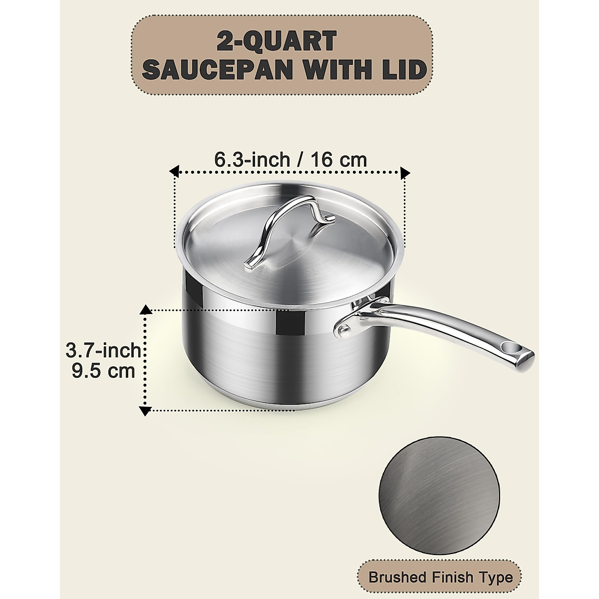 Cooks Standard Saucepan with Lid 18/10 Stainless Steel, 2-Quart Professional Sauce pot Mini Milk Pan, Oven Safe 500℉, Compatible with All Stovetops