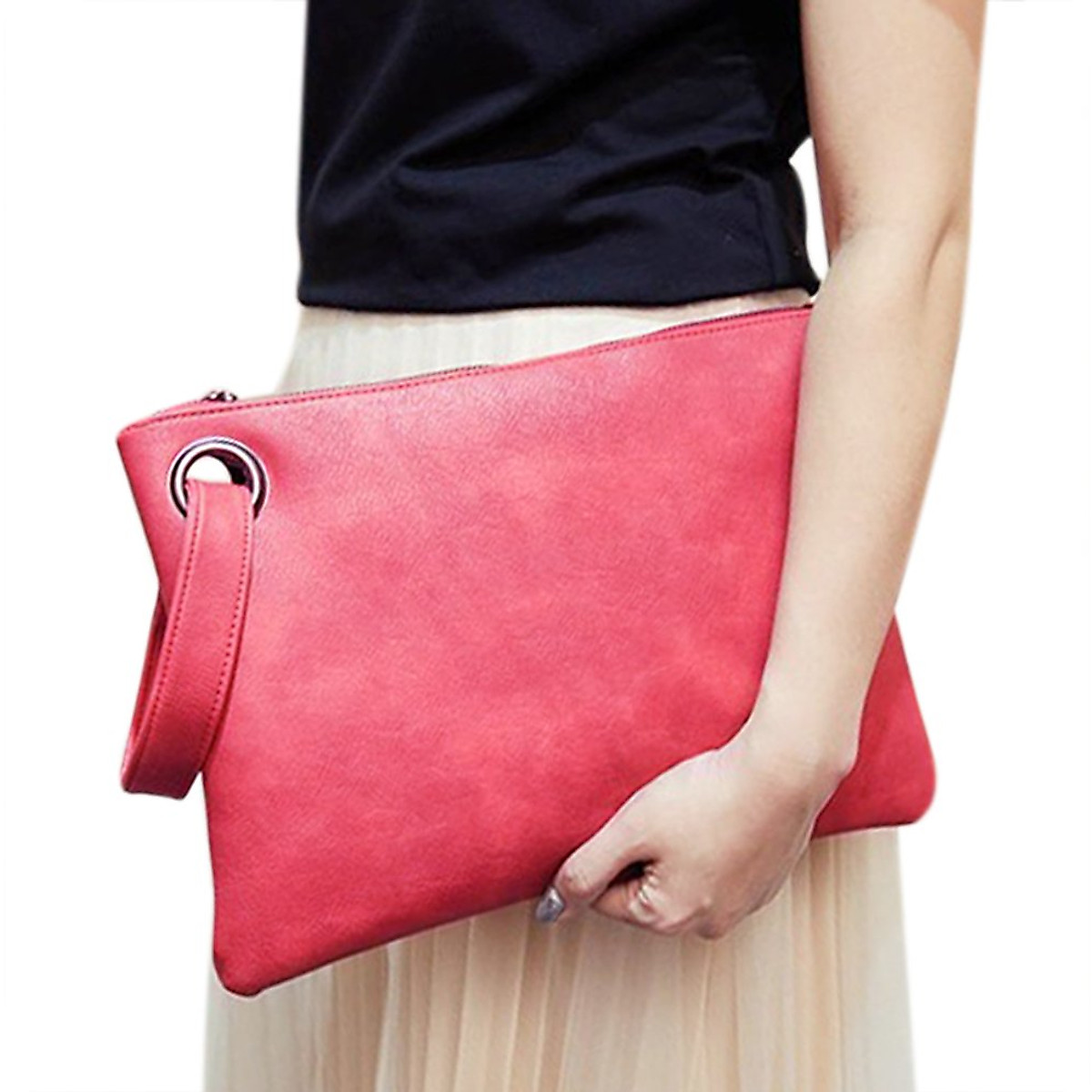 C.C-US Women Oversized Envelope Handbag Soft Leather Clutch Evening Bag Purse with Wrist Strap (Red)