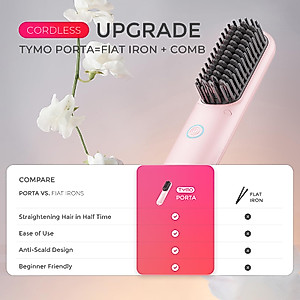 Cordless Hair Straightener Brush, TYMO Porta Straightening Brush for Women, Touch ups on-The-go Styling Hot Comb with Negative Ion, Lightweight & Mini Travel, USB Rechargeable