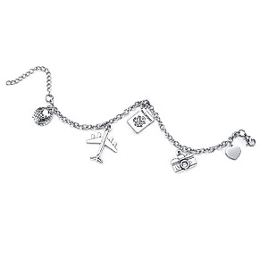 BOPREINA Travel Gifts Bracelet Passport Airplane Earth Heart Camera Charm Bracelets Stainless Steel Link Chain for Men Women Inspiration Jewelry for Travel Graduation Gift