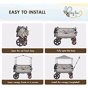 Busy Bee Foldable Wagon Stroller for 2 Kids, Push Pull Collapsible Kids Wagon with Adjustable Handle Bar, Removable Canopy, 5-Point Harness, Shock-Absorbing Wheels, Grey