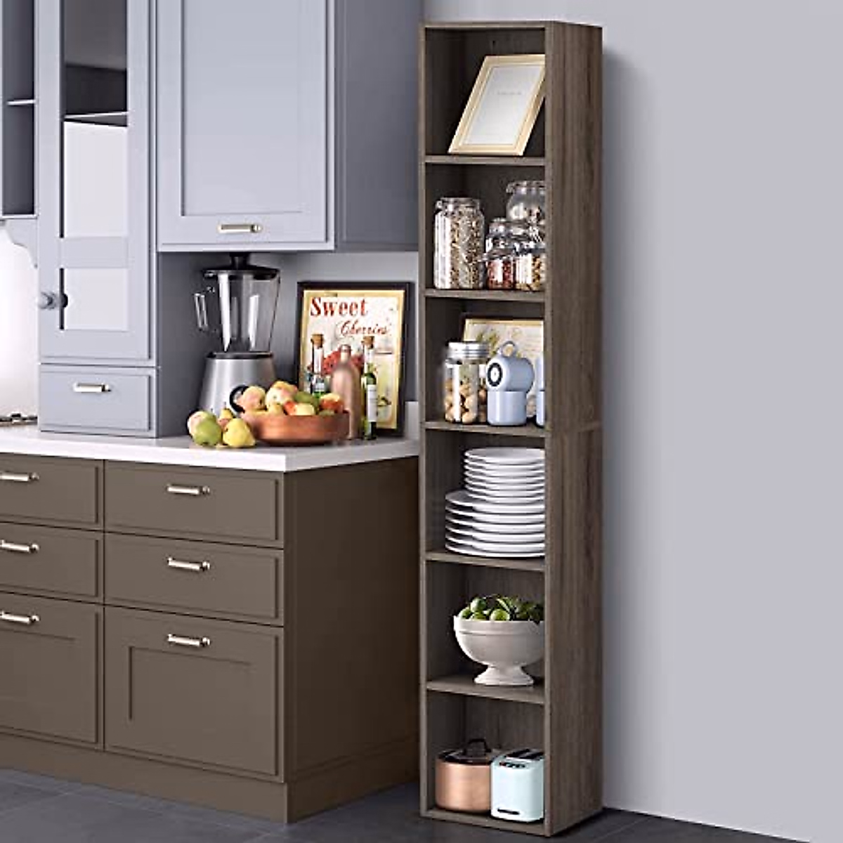 HOFFREE 6-Tier Narrow Bookcase Tall Wood Bookshelf Cabinet Cube Organizer Book Shelves Display Storage Shelves Rack for Small Spaces Home Office Living Room - Oak