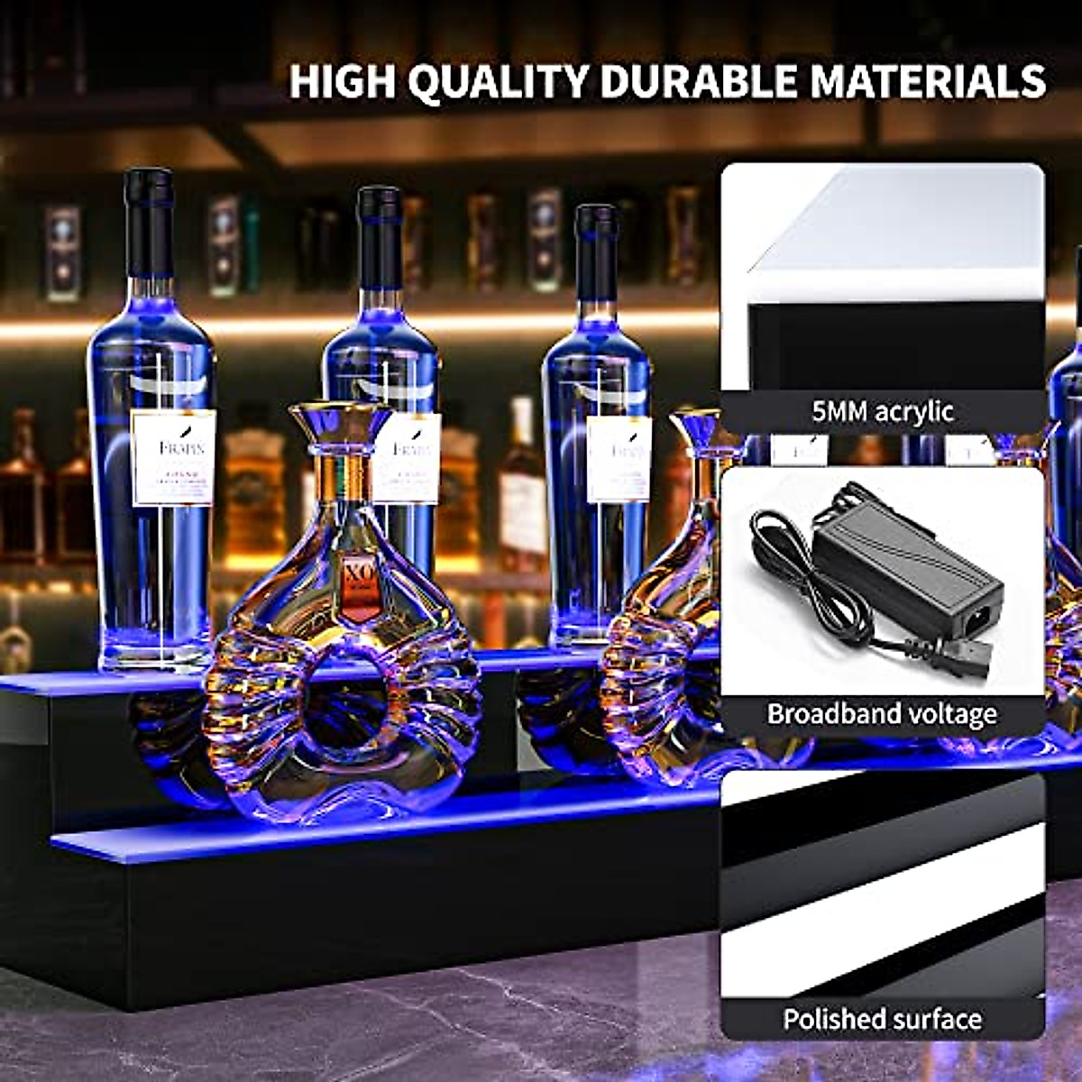 YITAHOME LED Lighted Liquor Bottle Display Shelf Supports USB & Power Bank, 2-Step 48-inch Bar Liquor Alcohol Shelf for Home Counter Party, Acrylic Mounted Whiskey Rack Stand with Remote & App Control