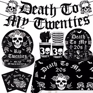 167pcs Death to My 20s Decorations Tableware Set Death to My Twenties Banner Rip Twenties Skull 30th Birthday Decorations Plates Cups Paper Straws Forks Napkins Tablecloth Set Funeral For My Youth