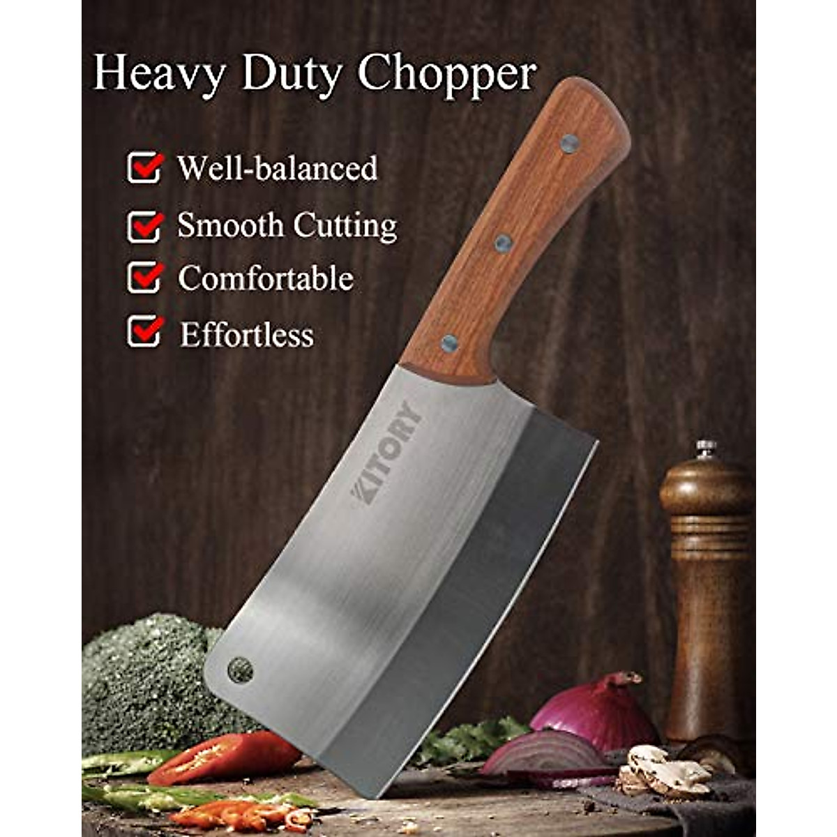 Kitory Meat Cleaver 7'' Heavy Duty Chopper Butcher Knife Bone Cutter Chinese Kitchen Chef’s Chopping Knife for Meat, Bone- Full Tang 7CR17MOV High Carbon Stainless Steel - Pear Wood Handle