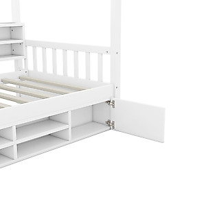 VilroCaz Twin Size House Bed with Shelves and a Mini-Cabinet, Wood Kids Platform Bed Frame with Sturdy Slats Support, Playhouse Design Daybed for Kids Teens Girls Boys (White-3tw)