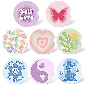 8pcs Danish Pastel Car Coasters 2.56 inches Car Cup Holders Absorbent Ceramics with Finger Notch Drinks Coasters Cork Base Aesthetic Smiling Face Flowers Preppy Boho Cute Car Accessories for Women