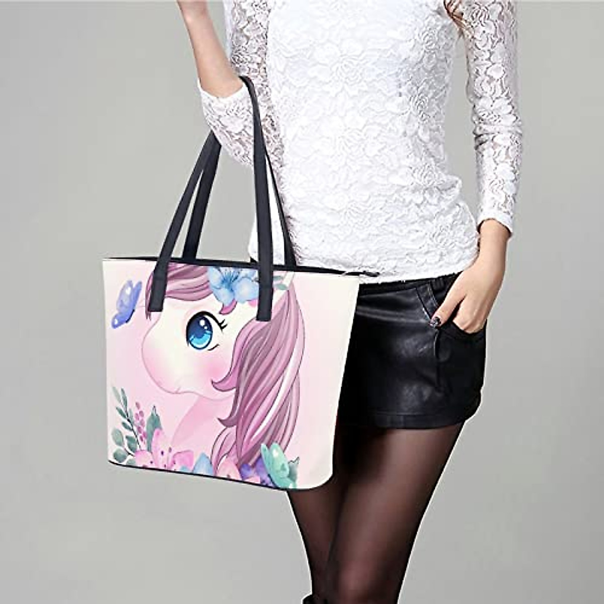 Womens Handbag Unicorn Flower Butterfly Leather Tote Bag Top Handle Satchel Bags For Lady
