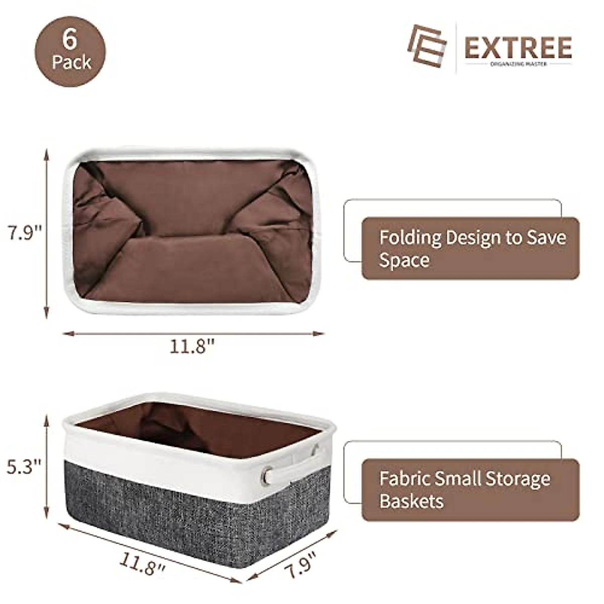 EXTREE Fabric Small Storage Baskets - 6 Pack Nursery Decorative Storage Bins Linen Empty Gift Basket with Handles for Organizing Shelves Bathroom(Gray,11.8L x 7.9W x 5.3H inches)