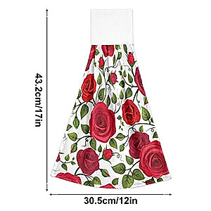 YYZZH Red Rose Flower with Green Leaf Floral Print Valentines Day Design Kitchen Hand Towels with Hook & Loop Set of 2 Absorbent Bath Hand Towel Hanging Tie Towel