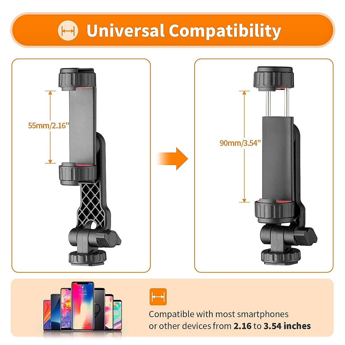 TARION Tripod Phone Mount Holder with 3 Cold Shoe Mount Cell Phone Mount Adapter for Tripod 360° Rotation Universal 1/4" Screw Smartphone Tripod Attachment Compatible with iPhone Samsung HVC-02