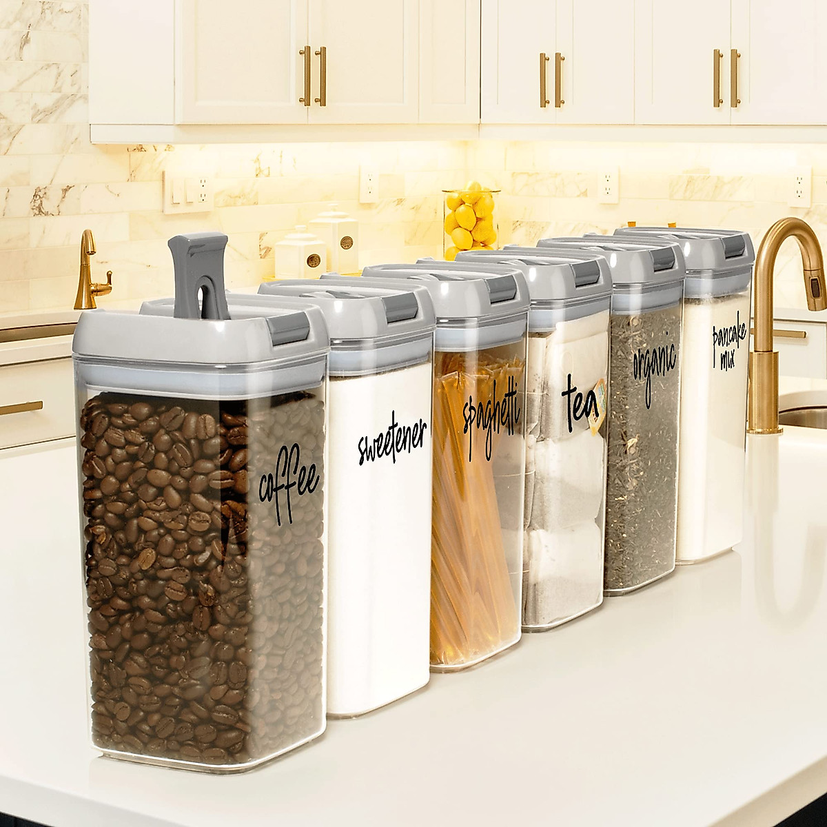 214 Extra Large Kitchen Pantry Labels for Food Storage Containers, Water Resistant - Easy to Read - Preprinted Black Script on Clear Stickers for Jar & Canisters - Kitchen Labels for Organizing