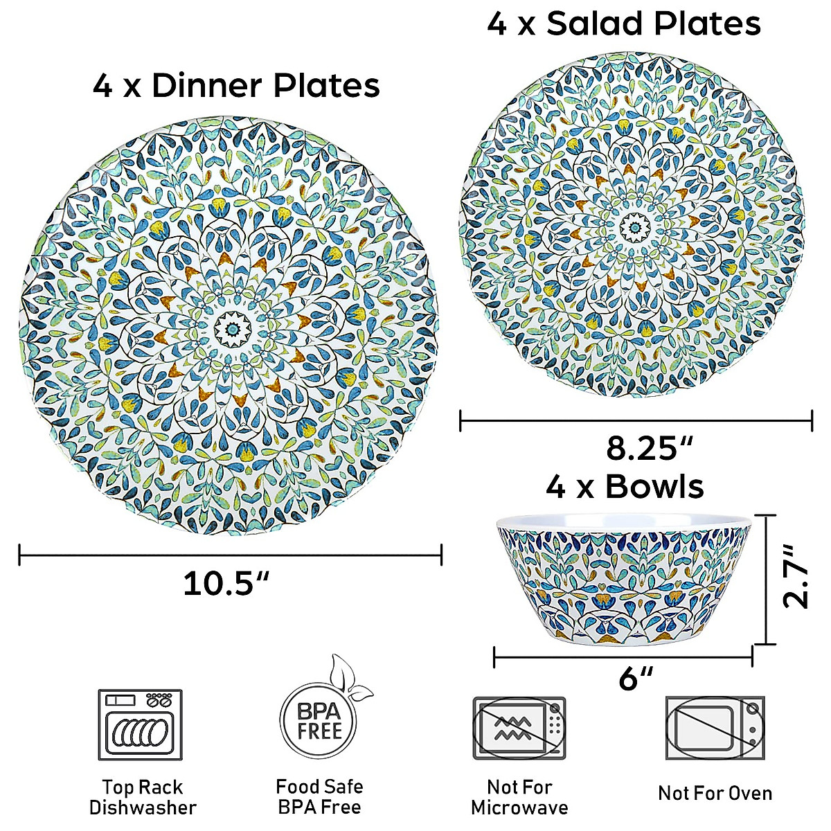 Aclema Melamine Dinnerware Sets 12 Pcs Dish Set Plates Bowls Unbreakable for Kitchen Dinner Outdoor Indoor Service for 4 Vintage