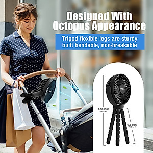 Portable Stroller Fan 65 Working Hours, Small Fan with LED Lights, 12000 Capacity Battery Operated Fan with Tripod Legs, Rechargeable USB Fan, Peloton Fan for Treadmill, Camping, Travel, Bed(Black)