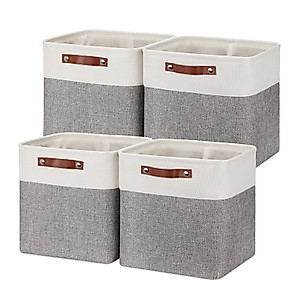 Temary 12 Inch Storage Baskets Foldable Fabric Storage Cubes 4PCs Storage Bins Organizer with Handles, Baskets for Organizing Clothes, Towels (White & Grey, 12 x 12 x 12)