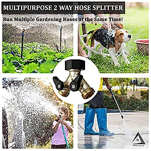 Heavy Duty 2 Way Hose Splitter (Premium Brass for Superior Durability), Wye Garden Hoses Connector for Water Spigot Faucet Bib Tap, Double Shut Off Valve, Y Adapter, Rust-Resistant Finish, Zero Leaks
