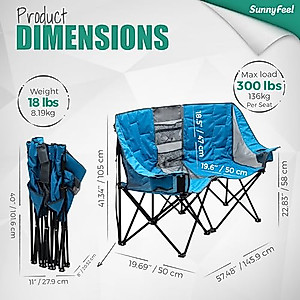 SUNNYFEEL Folding Double Camping Chair, Oversized Loveseat Chair, Heavy Duty Portable/Foldable Lawn Chair with Storage for Outside/Outdoor/Travel/Picnic, Fold Up Camp Chairs for Adults 2 People