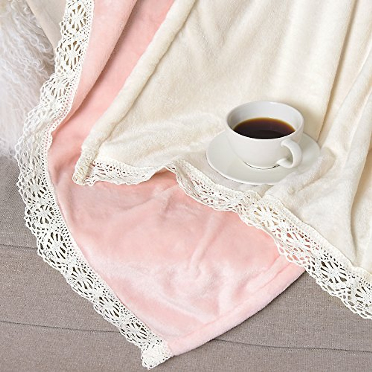 Best Home Fashion Lace Trim Throw - 58" W x 60" L - Dustypink