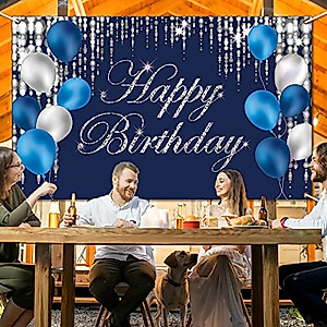 Blue Silver Happy Birthday Decorations Blue Birthday Banner Backdrop Large Happy Birthday Backgroud Birthday Backdrop Baby Shower Party Indoor Outdoor Decorations Supplies for Men Women Boys Girls
