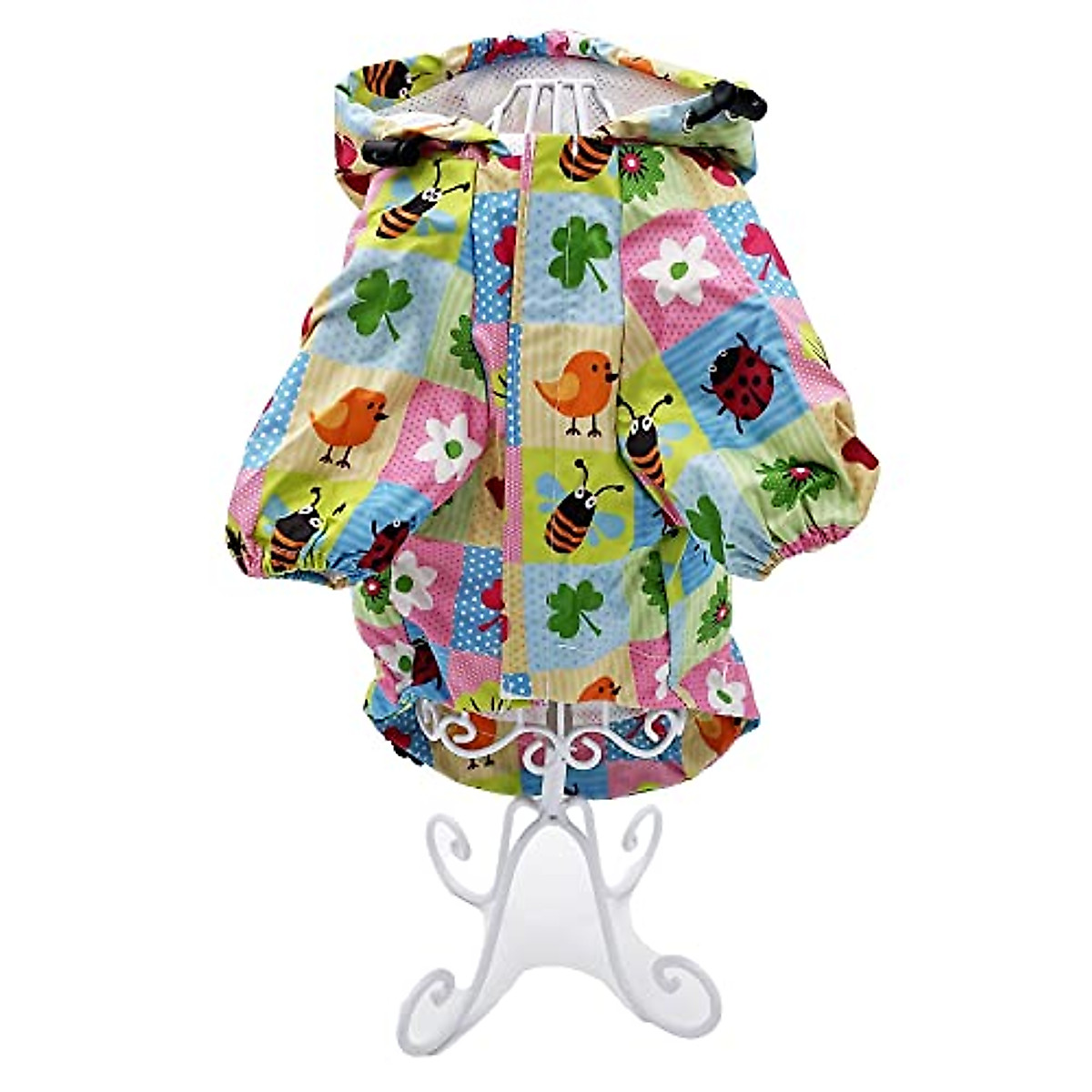 Dog Raincoat Hooded Leash Hole Waterproof Rain Coat Jacket Rainwear for Small Pet Cat Puppy (L: Length - 16", Square Multicolor)