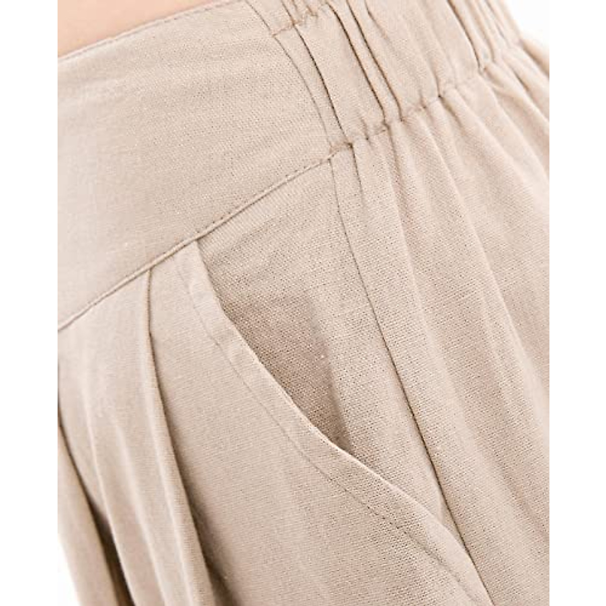 Lisskolo Linen Pants for Women Cropped Wide Leg Elastic Waist Casual Culottes Pants with Pockets Khaki XL