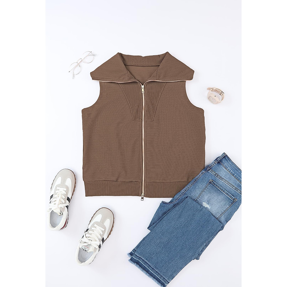 Viottiset Women's Ribbed Full Zip Lapel Collar Sleeveless Sweatshirt Sweater Vest Fall Casual Top Brown M