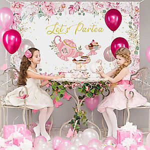 Let's Partea Tea Party Birthday Backdrop Tea Party Banner Decorations Tea Party Picture Background for Baby Shower Birthday Party Decorations Photo Booth (White, 6 x 3.6 ft)