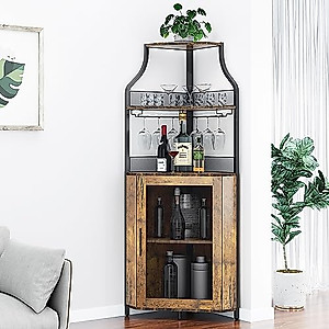 GAOMON Corner Wine Cabinet,Wine and Glass Rack,Freestanding Liquor Cabinet Bar Cupboard with Storage Shelves for Kitchen, Dining Room,Living Room (Rustic Brown)